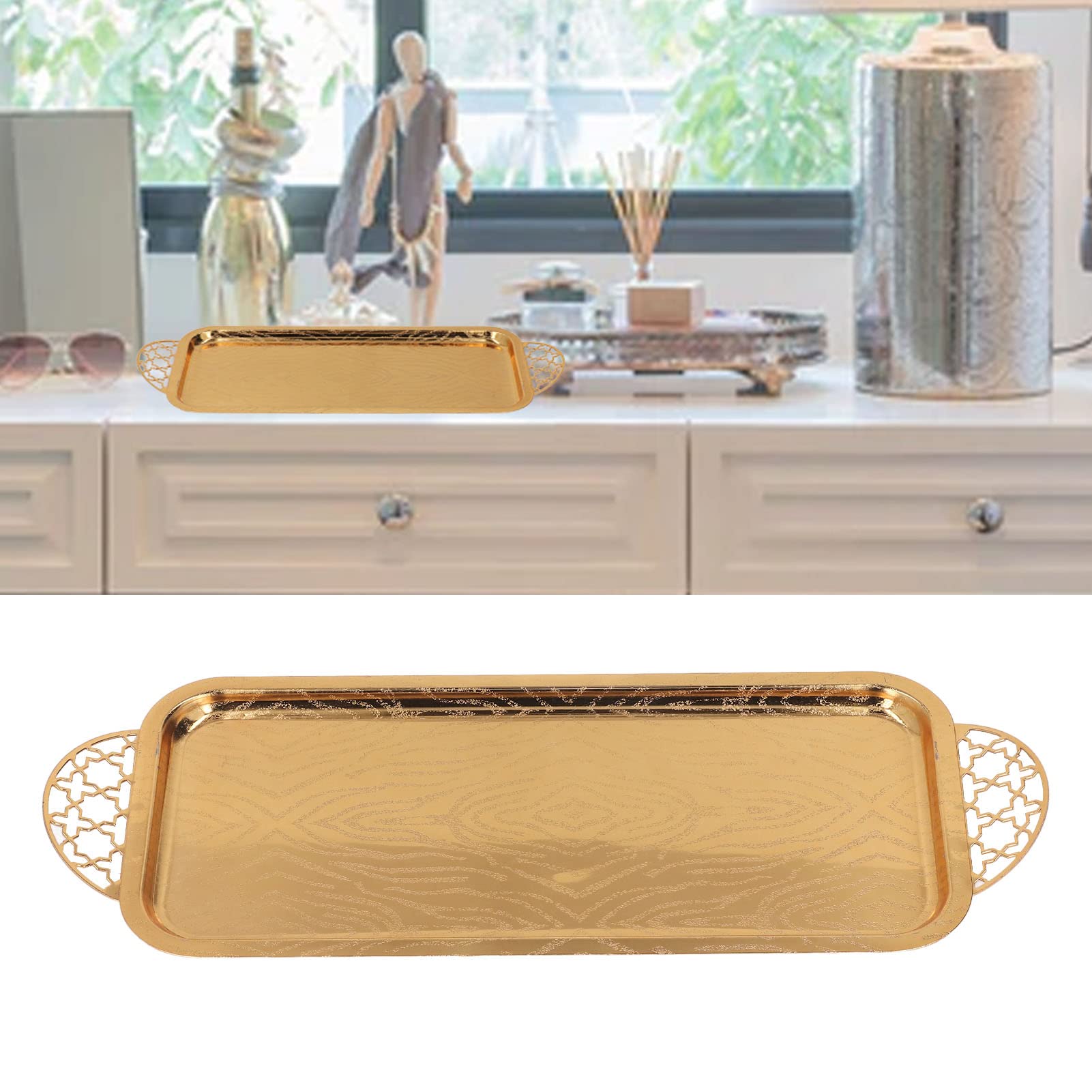 BEIJIALY Serving Tray Gold Retro Light Luxury Oblong Water Cup Tea Cup Fruit Tray with Star Handle for Home Living Room