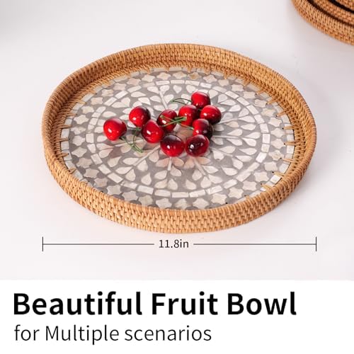 Tynulox 11.8" Rattan Tray with Mother of Pearl Inlay Wooden Base | Round Woven Wicker Tray | Coffee Table Tray for Storage Display Bread Fruit Breakfest