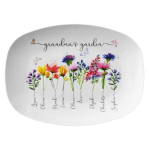 custom grandma's garden plate with grandkids names family name watercolor flowers personalized platter unique mothers day gift for grandma serving trays serving plates for fish dish, steak