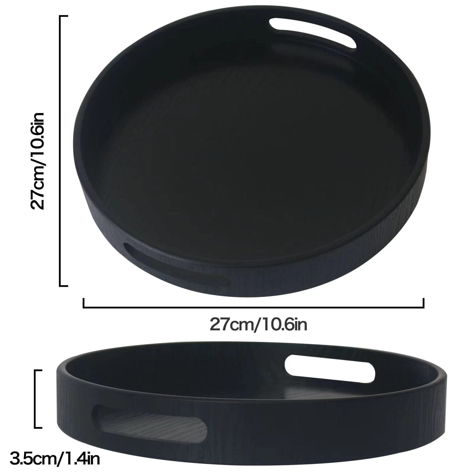 3.5 cm Deep Solid Wood Serving Tray, Round with Handle Hole Non-Slip Tea Coffee Snack Plate Food Meals Serving Tray with Raised Edges for Home Kitchen Restaurant(10.6 inch, Black)