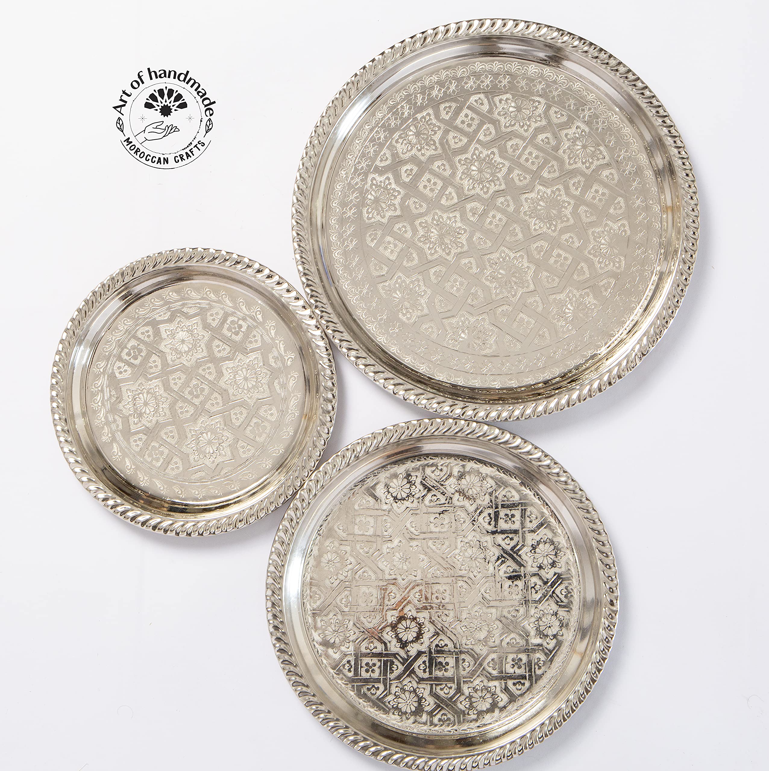 Art Of Handmade Moroccan Tea Tray Serving Cocktail Silver Handmade Fez Small Or Large Round (91113 Inches) (9 Inches)