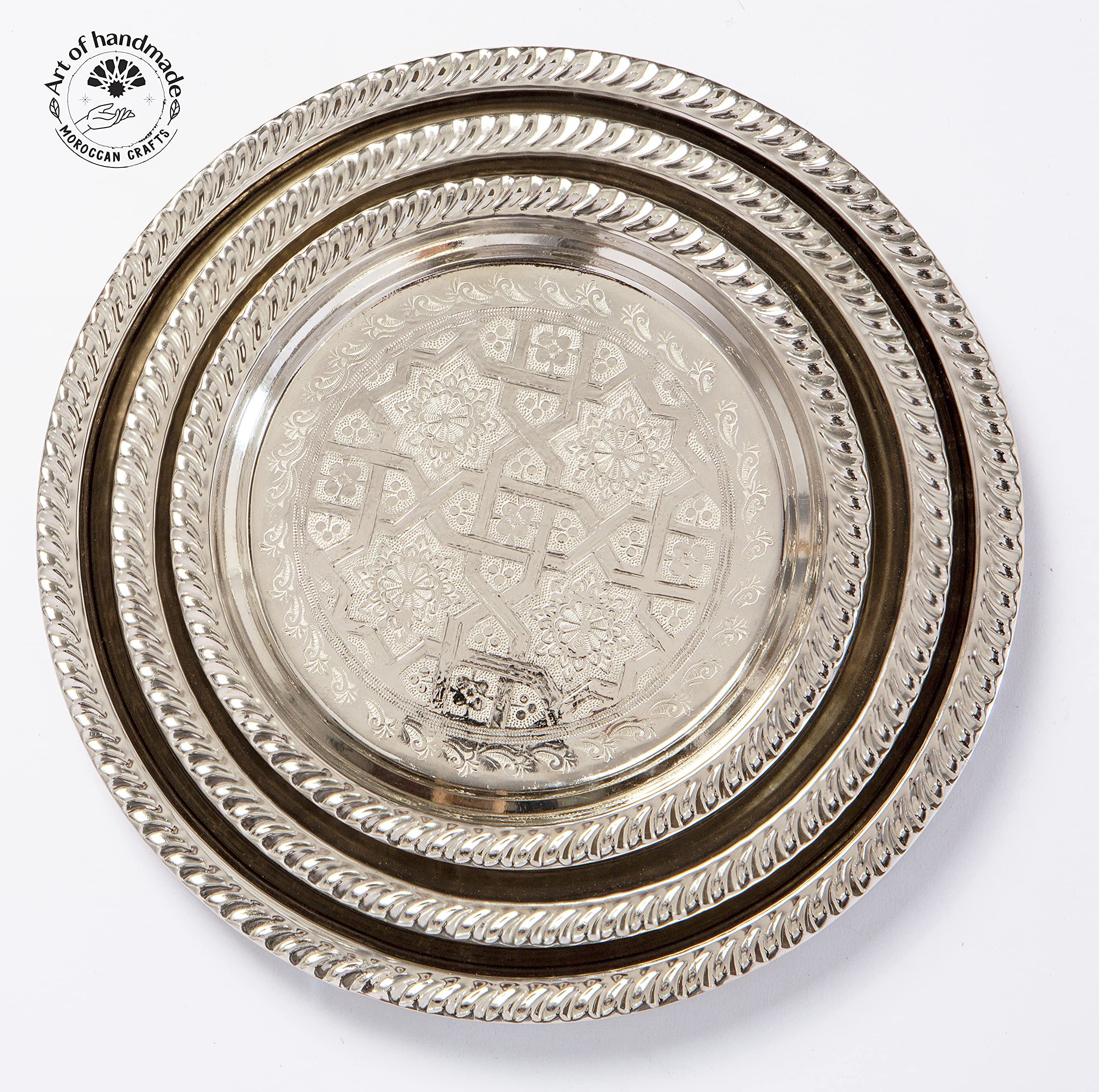 Art Of Handmade Moroccan Tea Tray Serving Cocktail Silver Handmade Fez Small Or Large Round (91113 Inches) (9 Inches)