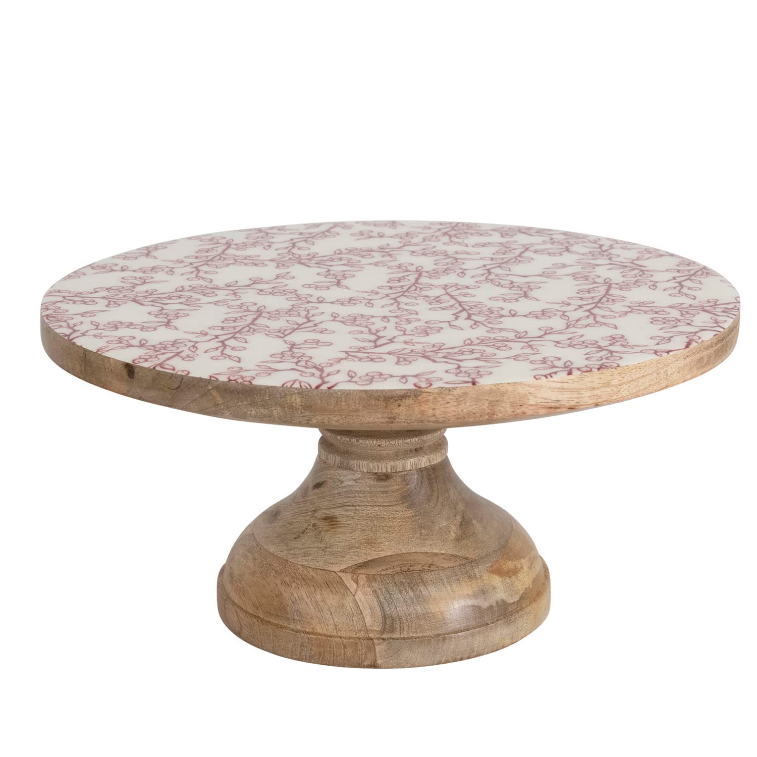 Creative Co-Op Enameled Mango Wood Pedestal with Berry Pattern, Burgundy and Cream