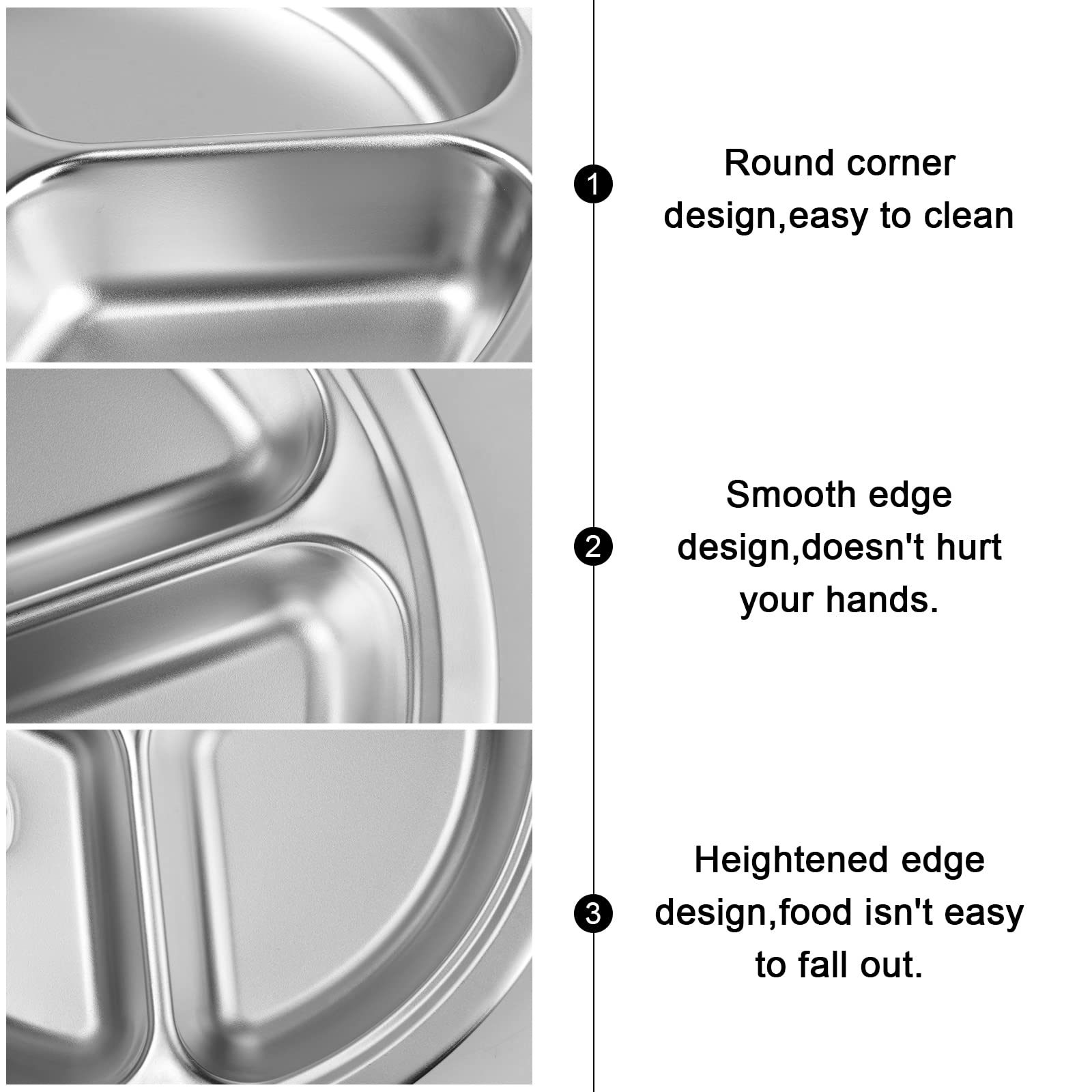 XCELLENT GLOBAL XG 2 Pack Stainless Steel Divided Plates Trays,3 Sections Thickened Round Plate Divided Snack Tray Perfect for Party,Picky Eaters HG656