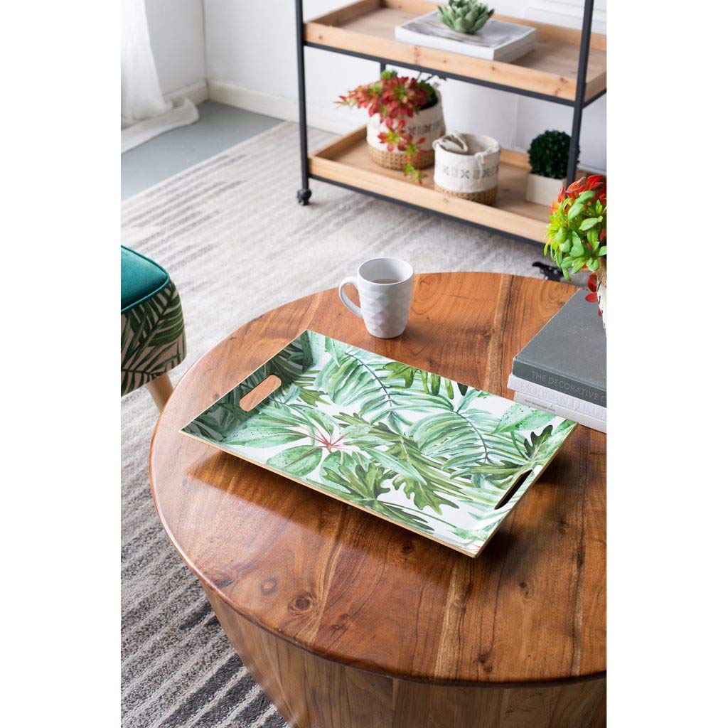 A & B Home Decorative Breakfast Tray Green Leaf Print Rectangular Serving Tray with Handles Food Safe Plastic 11.80" x 1.4" x 18"