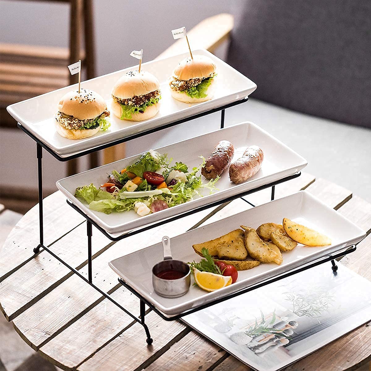 3 Tier Serving Stand Tiered Serving Stand with 3 Porcelain Serving Platters Trays for Dessert Server Display Collapsible Sturdier Metal Rack Large Size 14 inch