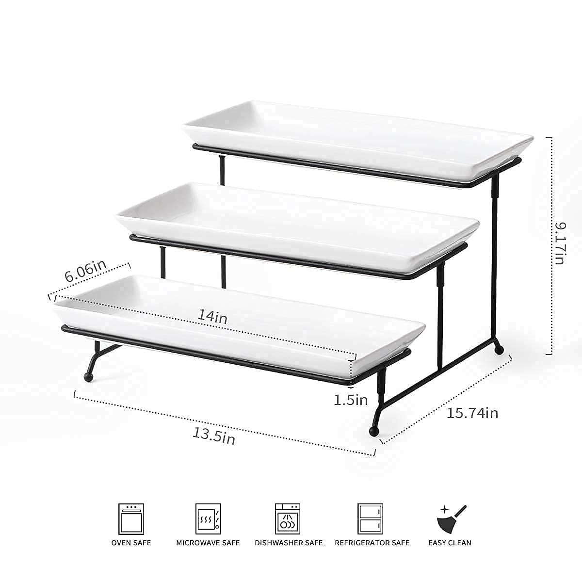 3 Tier Serving Stand Tiered Serving Stand with 3 Porcelain Serving Platters Trays for Dessert Server Display Collapsible Sturdier Metal Rack Large Size 14 inch