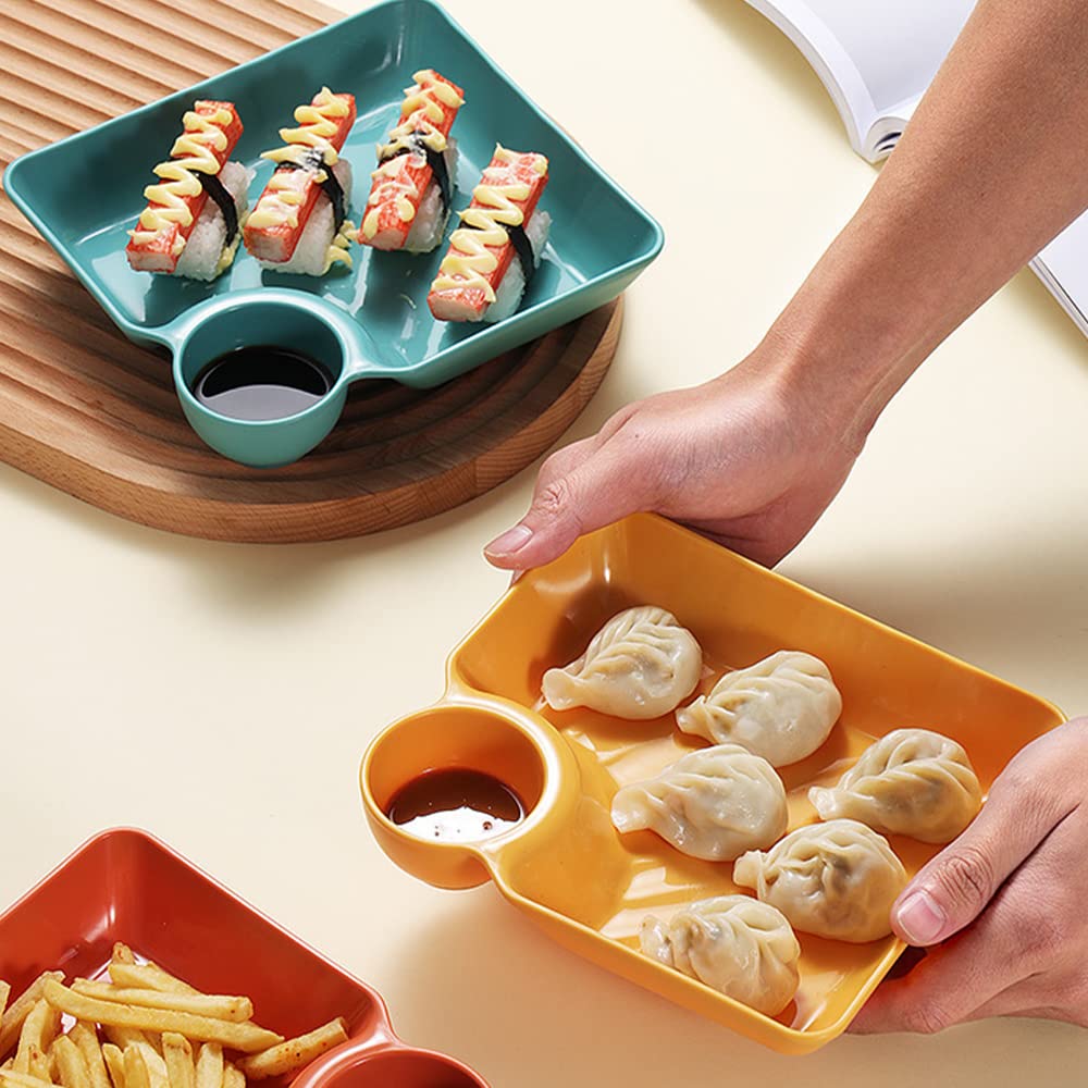 ONEWANGDAFA 2 Packs Plastic Dumpling Plates Sauce Compartment Square Serving Plates Sauce Holder Serving Platter Tray Seasoning Plate for Dumpling Dipping