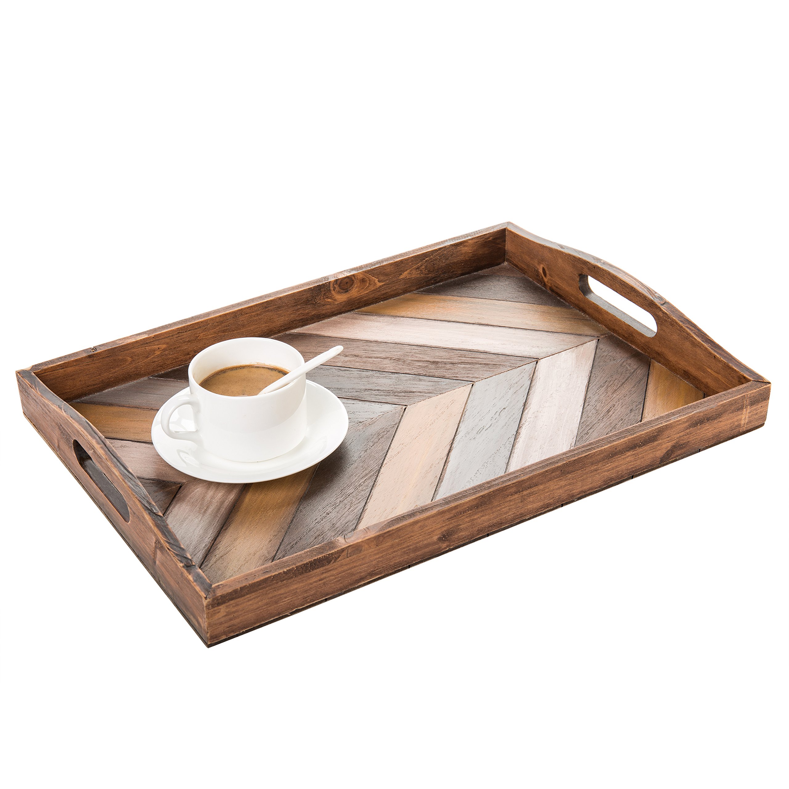 MyGift Rustic Chevron Stripe Pattern Rectangular Wood Breakfast Serving Tray/Decorative Coffee Table Tray with Cutout Handle - 16 x 12-Inch