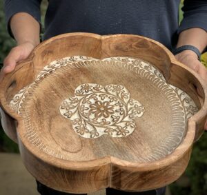 snuglily rustic farmhouse 16 inch round, 15 inch hexagon tray decorative tray vintage antique handcarved soild wood tray, kitchen decor ottoman tray (hexagon 15 inch diameter)