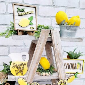 Lemon Decor Lemon Tiered Tray Decor Set: 7pcs Summer Farmhouse Farm Tiered Tray Decor Lemonade Wooden Tiered Tray Decor Lemon Garland Tray Wooden Signs for Kitchen Lemon Kitchen Decor