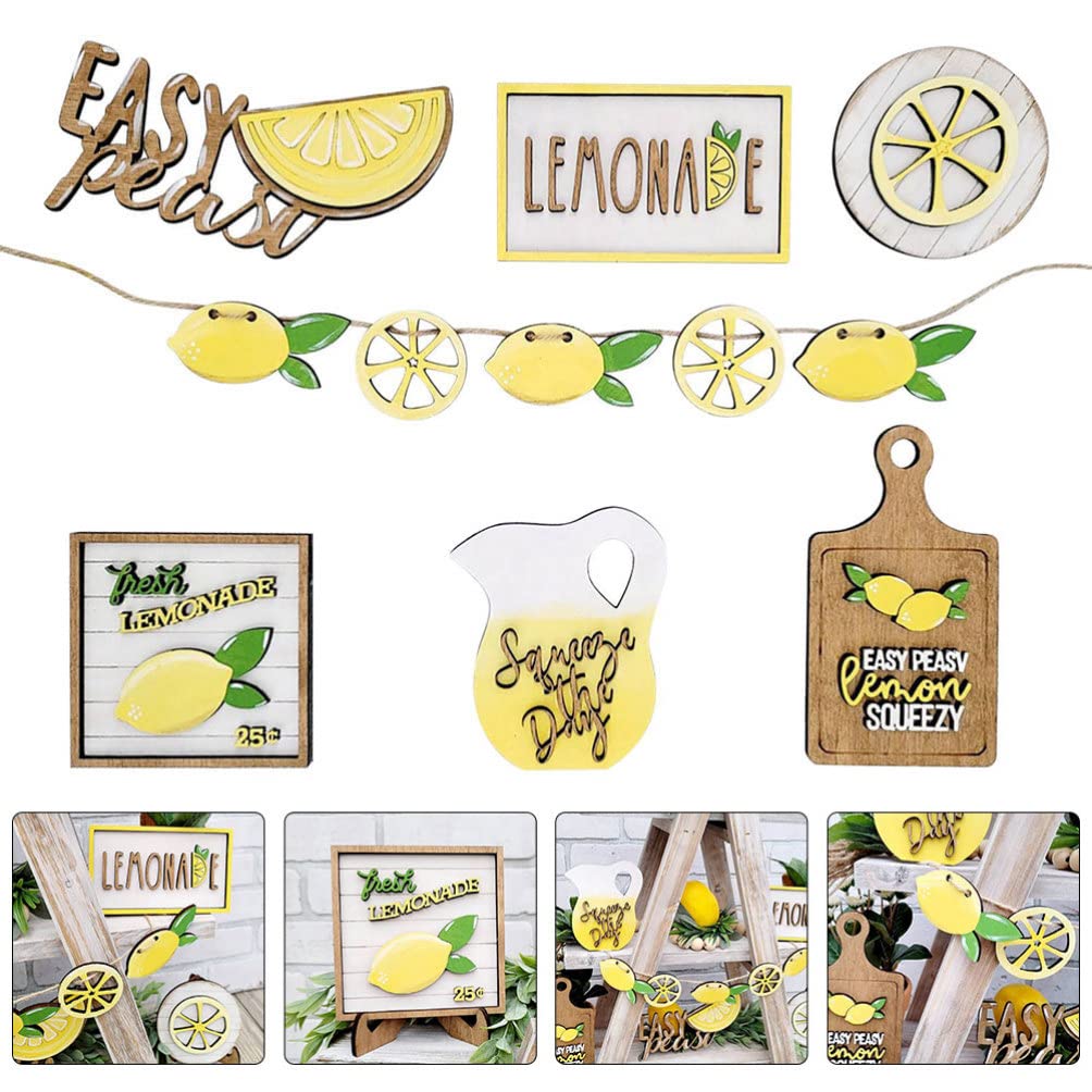 Lemon Decor Lemon Tiered Tray Decor Set: 7pcs Summer Farmhouse Farm Tiered Tray Decor Lemonade Wooden Tiered Tray Decor Lemon Garland Tray Wooden Signs for Kitchen Lemon Kitchen Decor