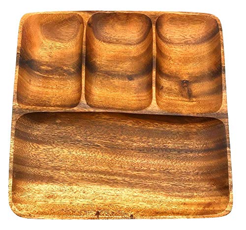 WeTheFounders SDS Handcrafted Acacia Wood Platter and Tray Perfect for Snacks Hummus Dip and Salsa Appetizer Server with 4 Sections, 11" x 1"H