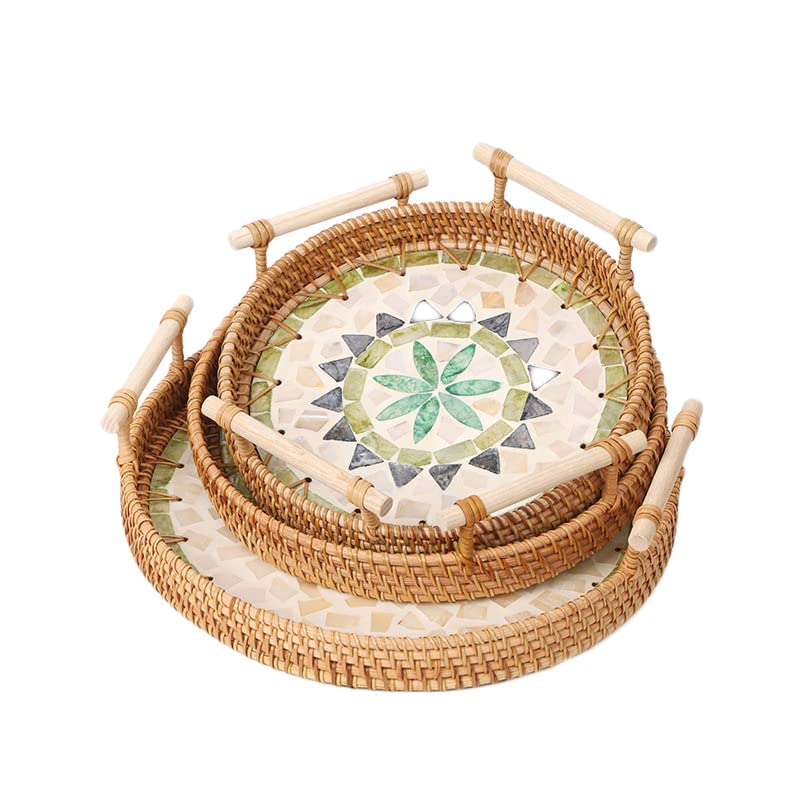 VirgoLeo Set of 3 Round Rattan Tray with Mother of Pearl Inlay and Wood Handles, Boho Woven Wicker Tray for Coffee Table Décor and Storage, 11/9.45/8.66 Inch