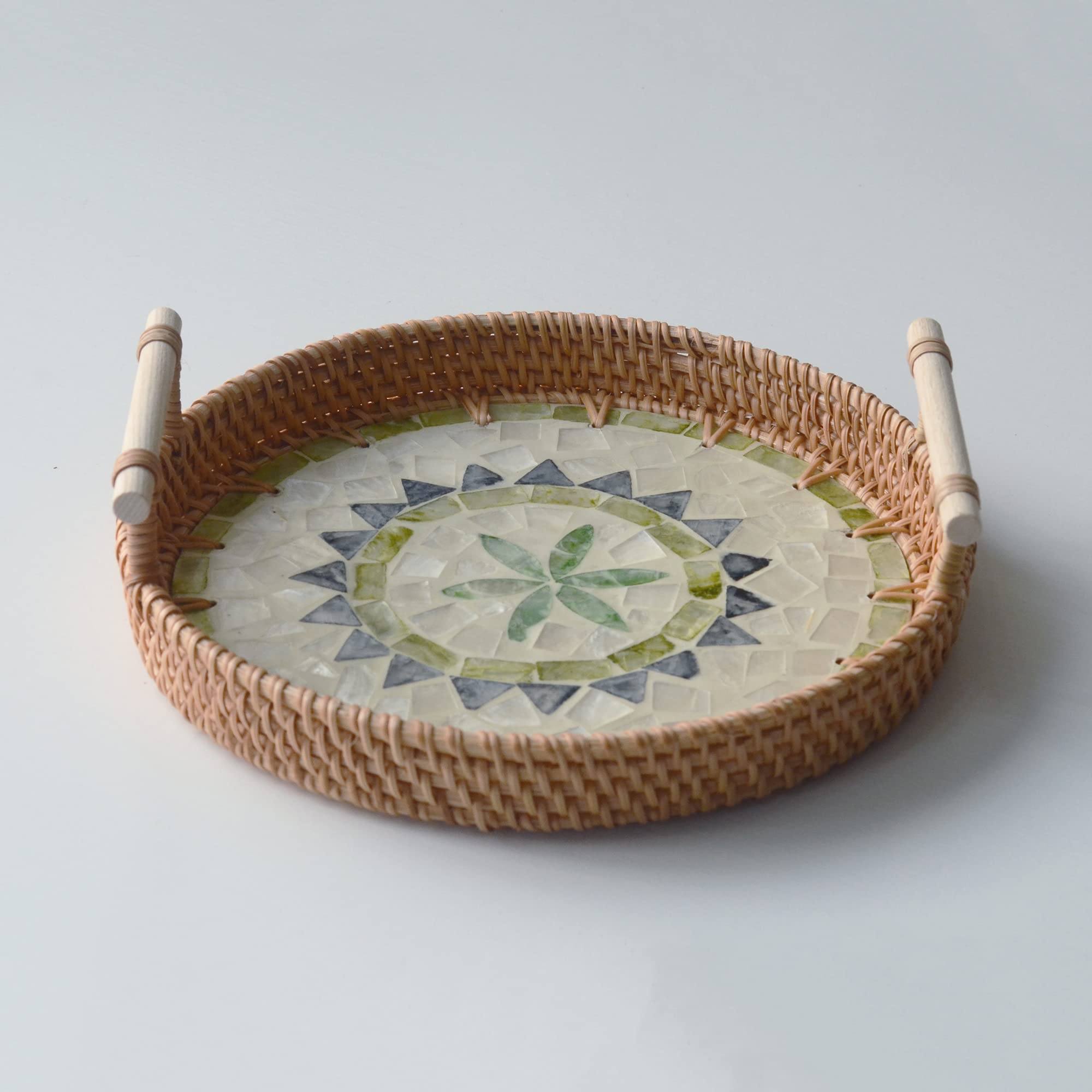 VirgoLeo Set of 3 Round Rattan Tray with Mother of Pearl Inlay and Wood Handles, Boho Woven Wicker Tray for Coffee Table Décor and Storage, 11/9.45/8.66 Inch