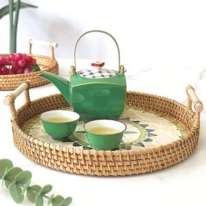 VirgoLeo Set of 3 Round Rattan Tray with Mother of Pearl Inlay and Wood Handles, Boho Woven Wicker Tray for Coffee Table Décor and Storage, 11/9.45/8.66 Inch