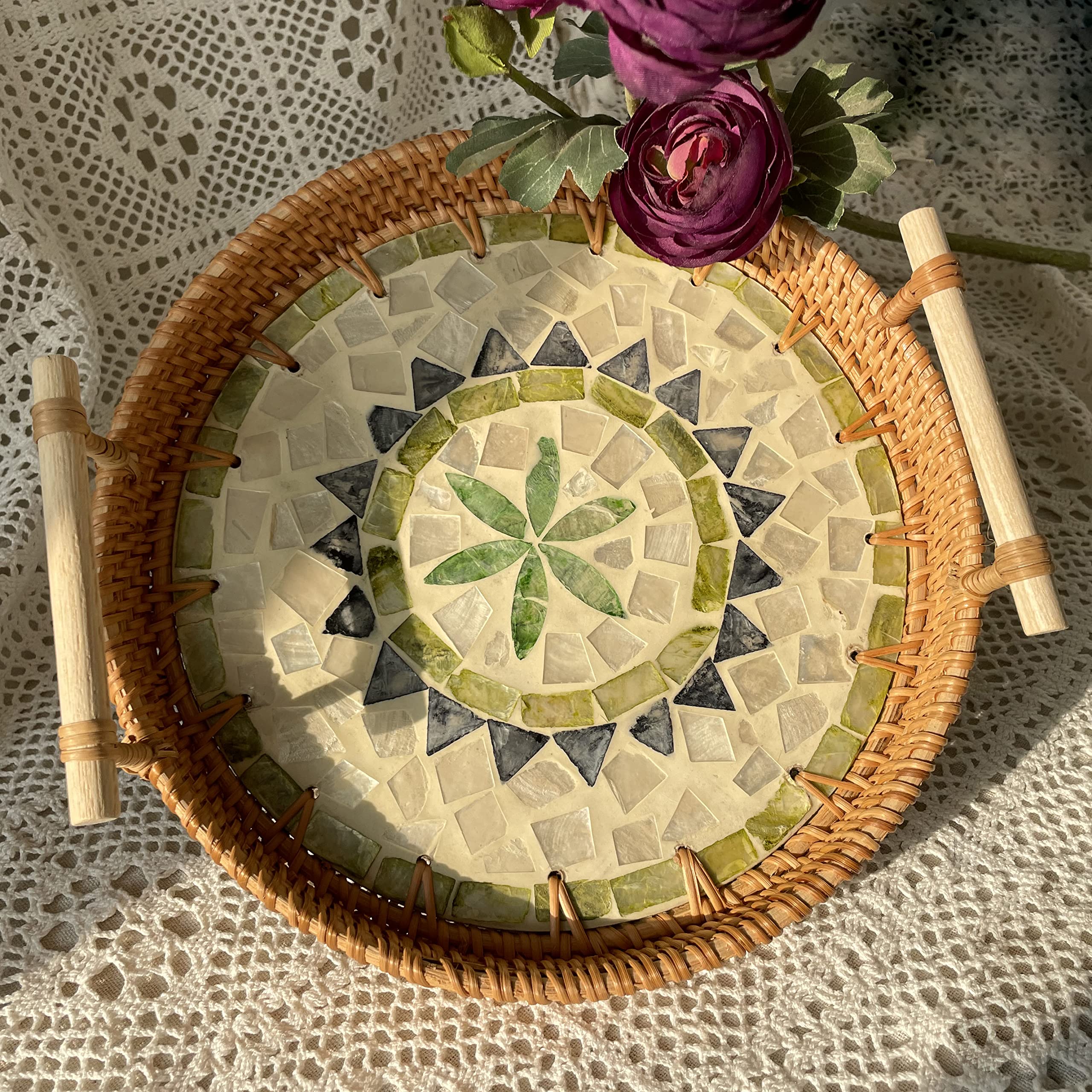 VirgoLeo Set of 3 Round Rattan Tray with Mother of Pearl Inlay and Wood Handles, Boho Woven Wicker Tray for Coffee Table Décor and Storage, 11/9.45/8.66 Inch