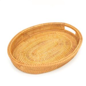 large handmade oval basket, wicker fruit bowls, rattan serving tray with handles, coffee table décor for bread, snack, vegetable, odds and ends, l, 15.2 inch