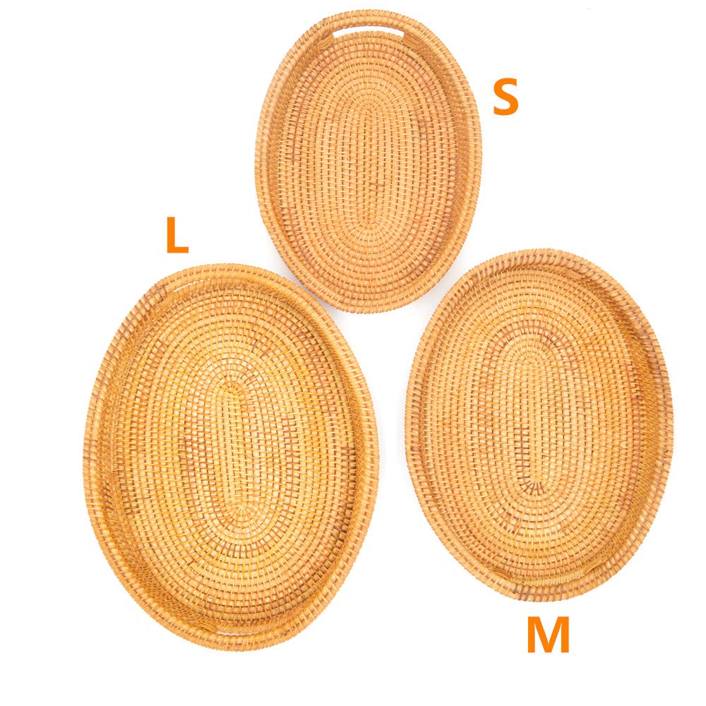 Large Handmade Oval Basket, Wicker Fruit Bowls, Rattan Serving Tray with Handles, Coffee Table Décor for Bread, Snack, Vegetable, Odds and Ends, L, 15.2 Inch