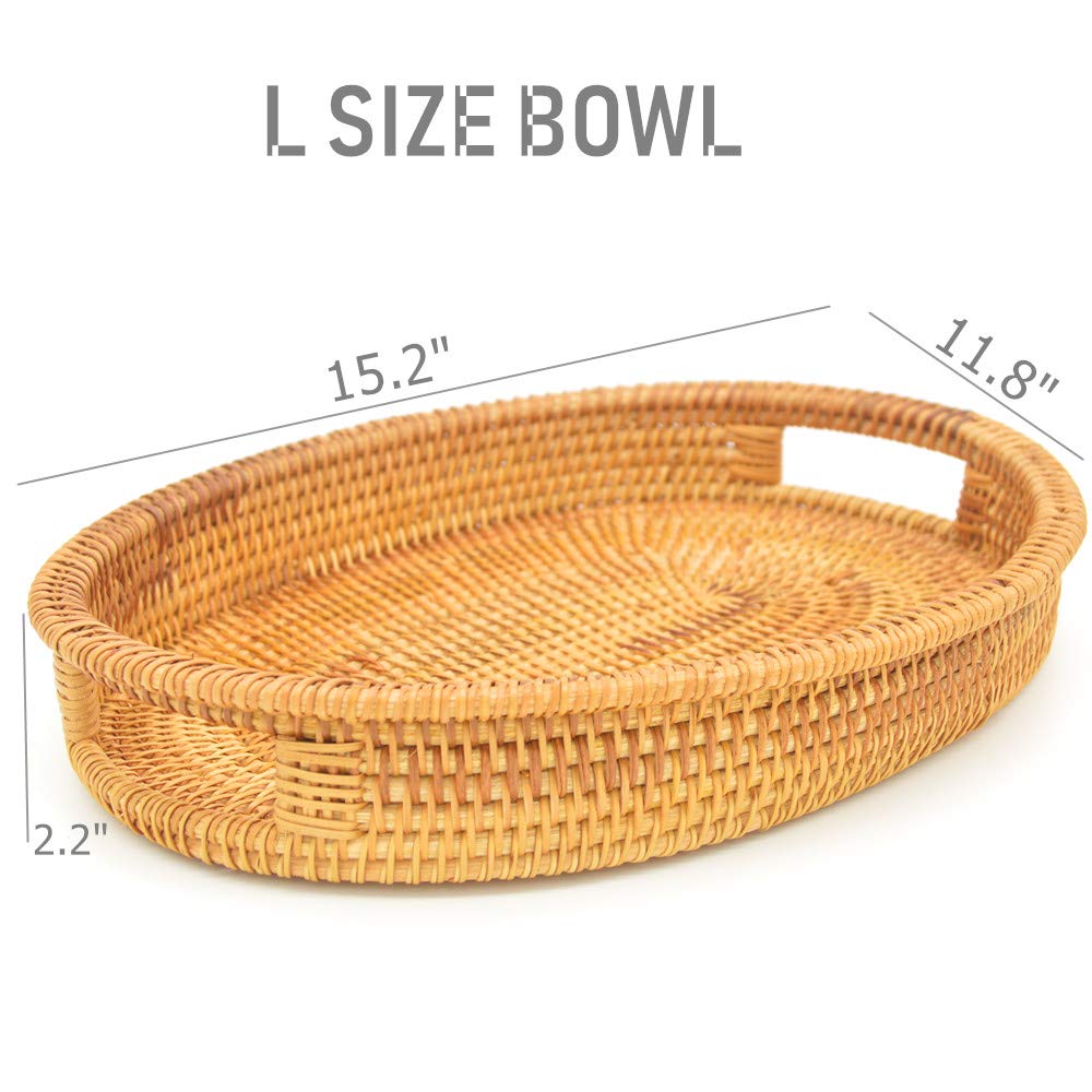 Large Handmade Oval Basket, Wicker Fruit Bowls, Rattan Serving Tray with Handles, Coffee Table Décor for Bread, Snack, Vegetable, Odds and Ends, L, 15.2 Inch