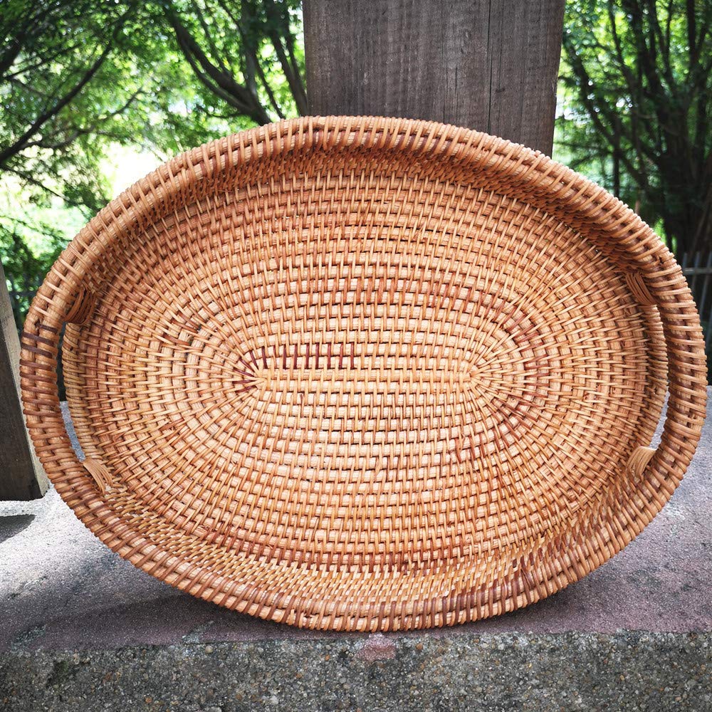 Large Handmade Oval Basket, Wicker Fruit Bowls, Rattan Serving Tray with Handles, Coffee Table Décor for Bread, Snack, Vegetable, Odds and Ends, L, 15.2 Inch