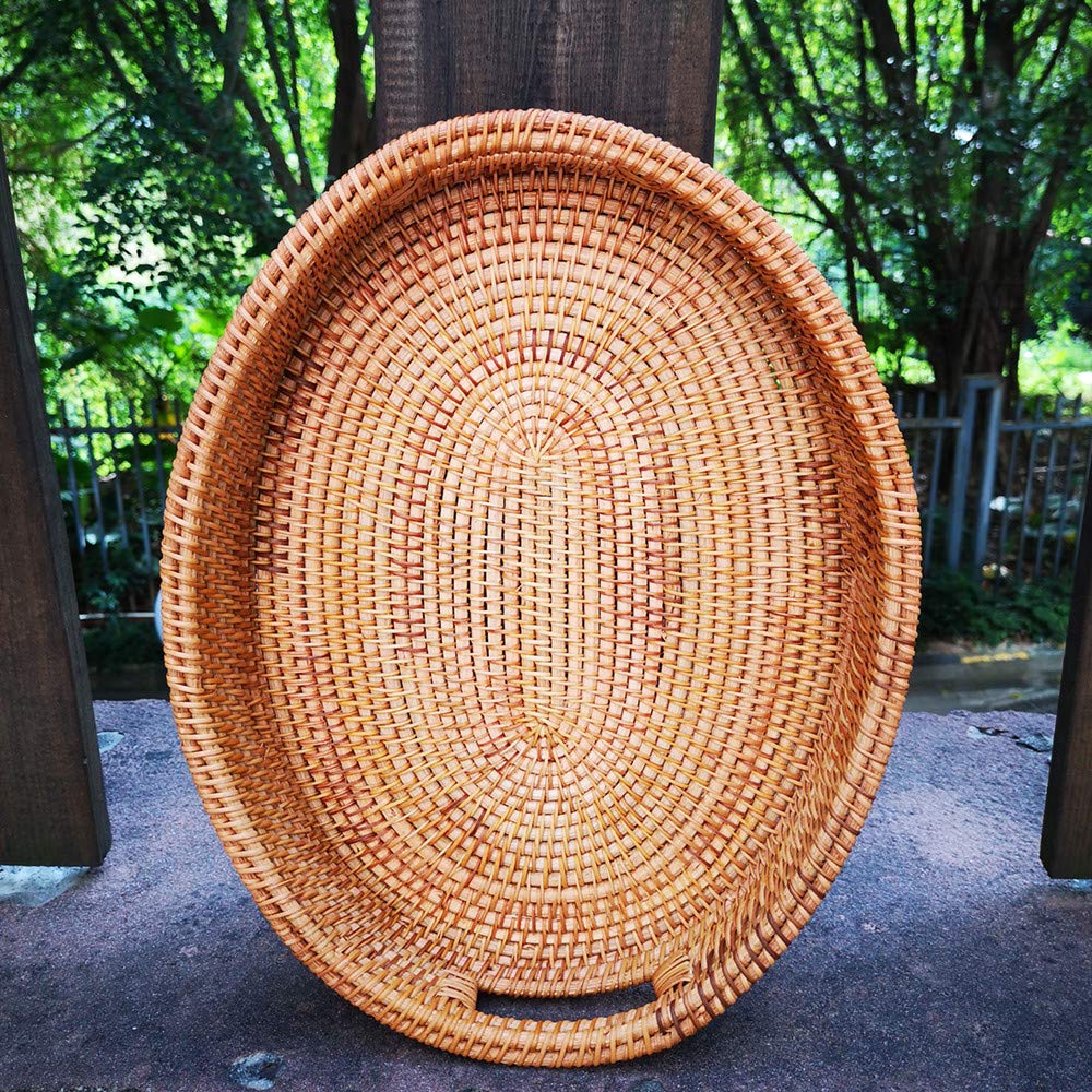 Large Handmade Oval Basket, Wicker Fruit Bowls, Rattan Serving Tray with Handles, Coffee Table Décor for Bread, Snack, Vegetable, Odds and Ends, L, 15.2 Inch