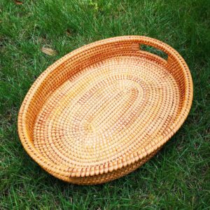 Large Handmade Oval Basket, Wicker Fruit Bowls, Rattan Serving Tray with Handles, Coffee Table Décor for Bread, Snack, Vegetable, Odds and Ends, L, 15.2 Inch