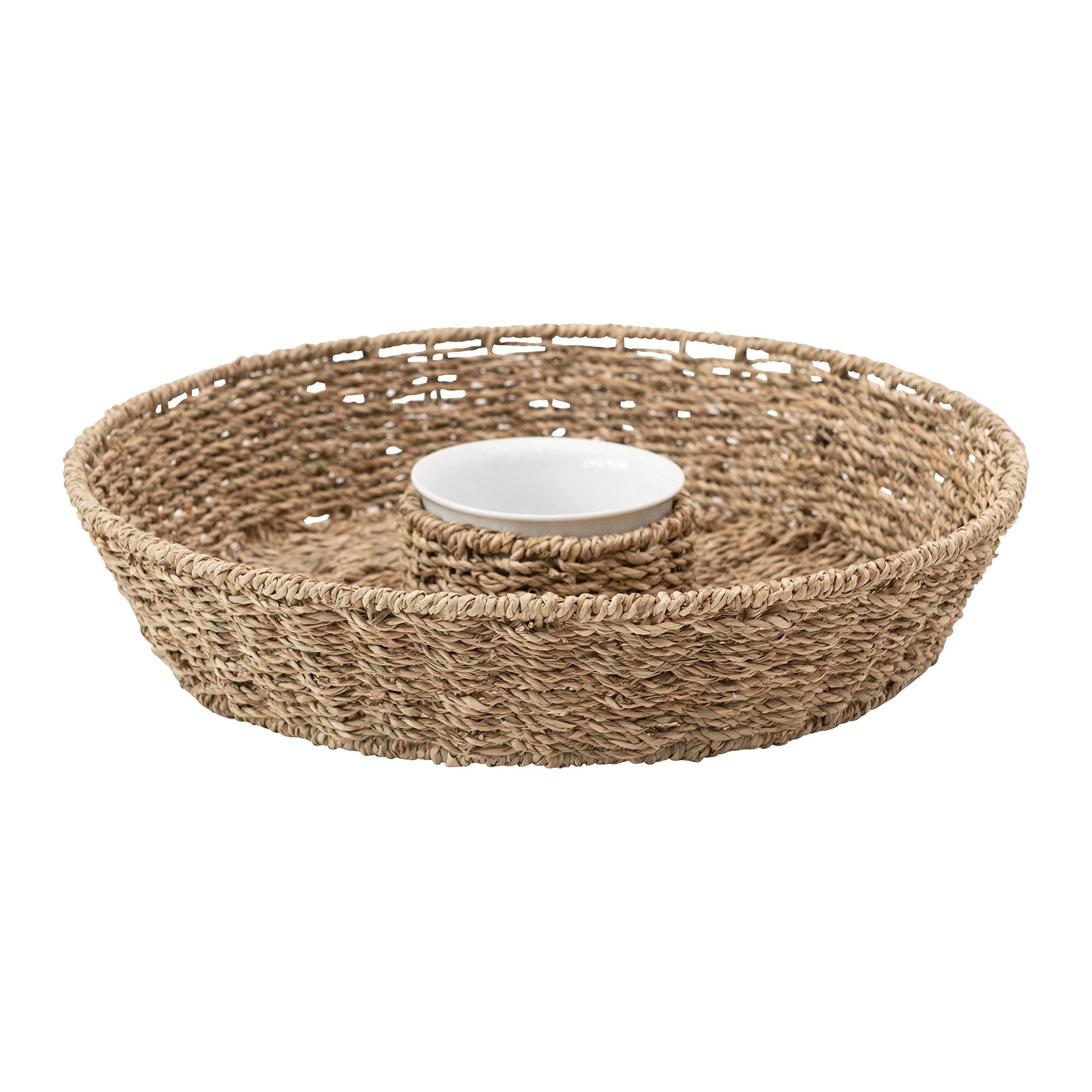 Creative Co-Op Hand-Woven Seagrass Basket with 6 oz. Ceramic Chip & Dip Bowl, Natural