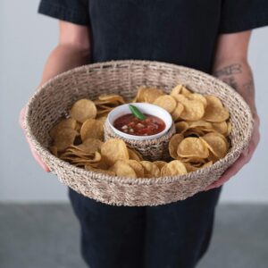 Creative Co-Op Hand-Woven Seagrass Basket with 6 oz. Ceramic Chip & Dip Bowl, Natural