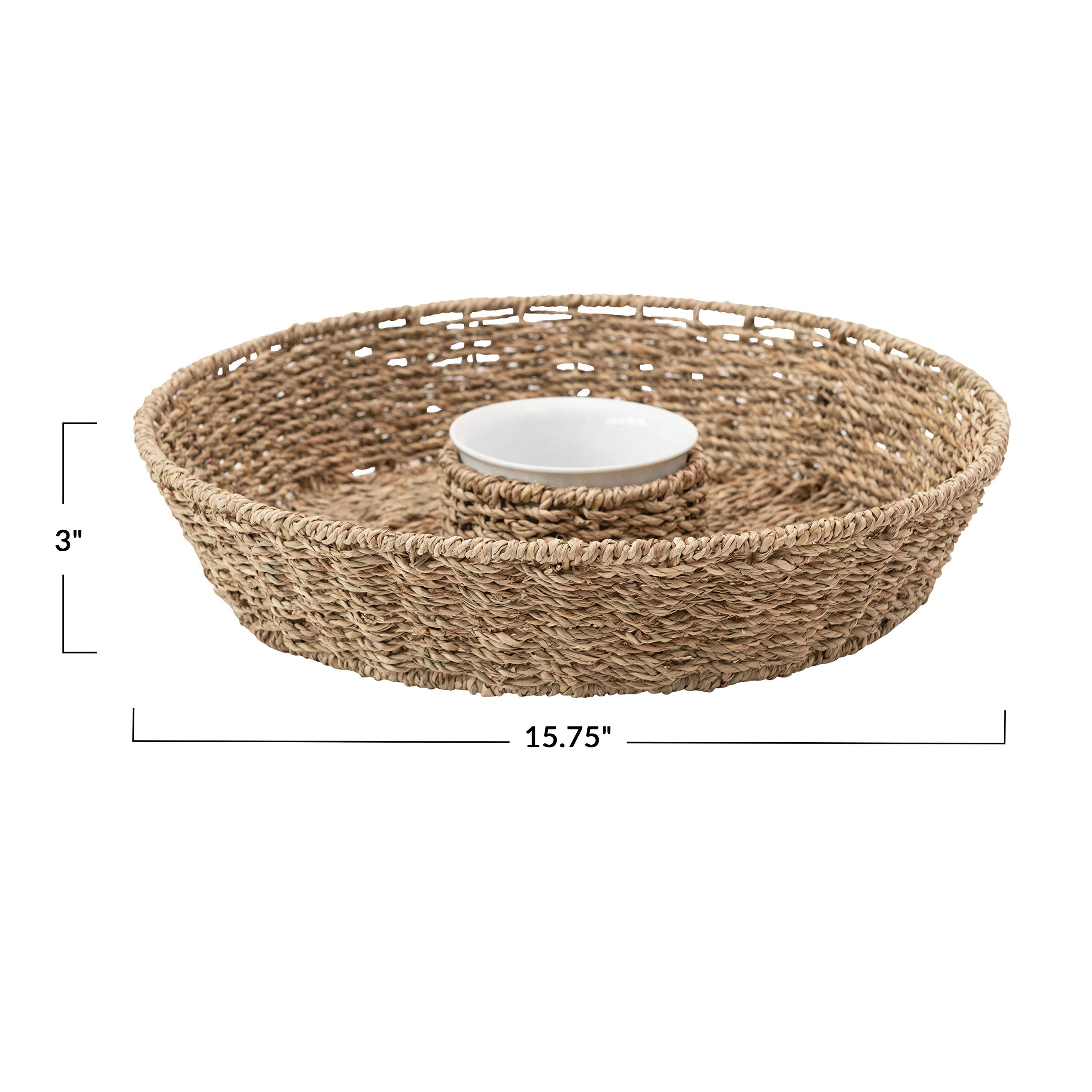 Creative Co-Op Hand-Woven Seagrass Basket with 6 oz. Ceramic Chip & Dip Bowl, Natural