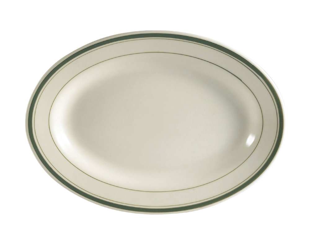 CAC China GS-12 10-3/8-Inch by 7-1/8-Inch Greenbrier Green Band Stoneware Oval Platter, American White, Box of 24