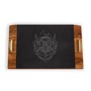 picnic time harry potter hogwarts covina acacia and slate serving tray, charcuterie board set, cheese board, (acacia wood & slate black with gold accents)