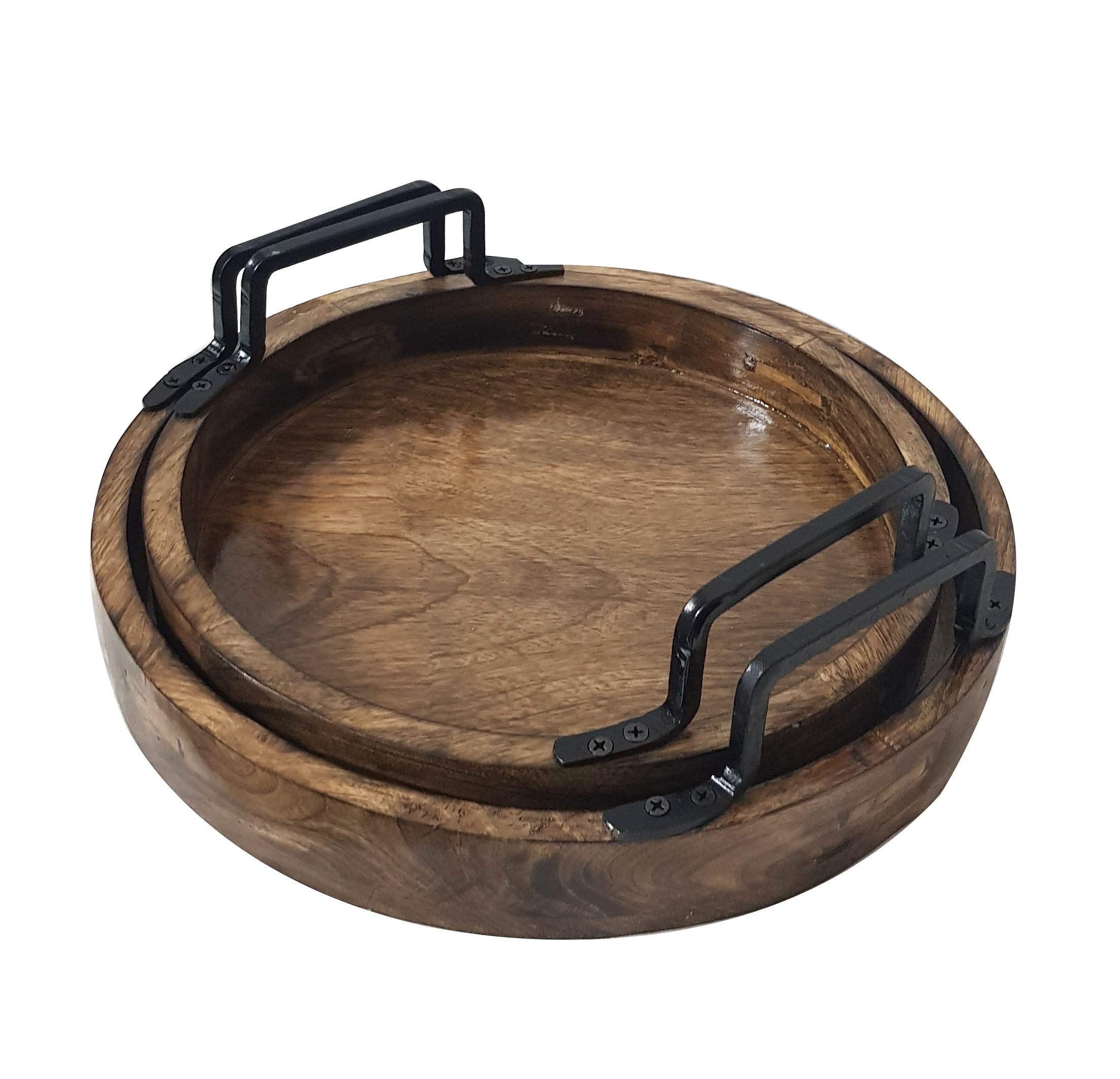 Handcrafted Antique Rustic Wooden Round Serving Trays Round with Handles Brown Kitchen Accessories Set of 2