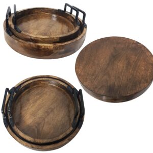 Handcrafted Antique Rustic Wooden Round Serving Trays Round with Handles Brown Kitchen Accessories Set of 2