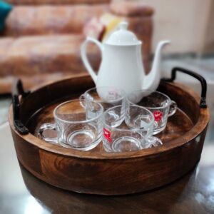 Handcrafted Antique Rustic Wooden Round Serving Trays Round with Handles Brown Kitchen Accessories Set of 2