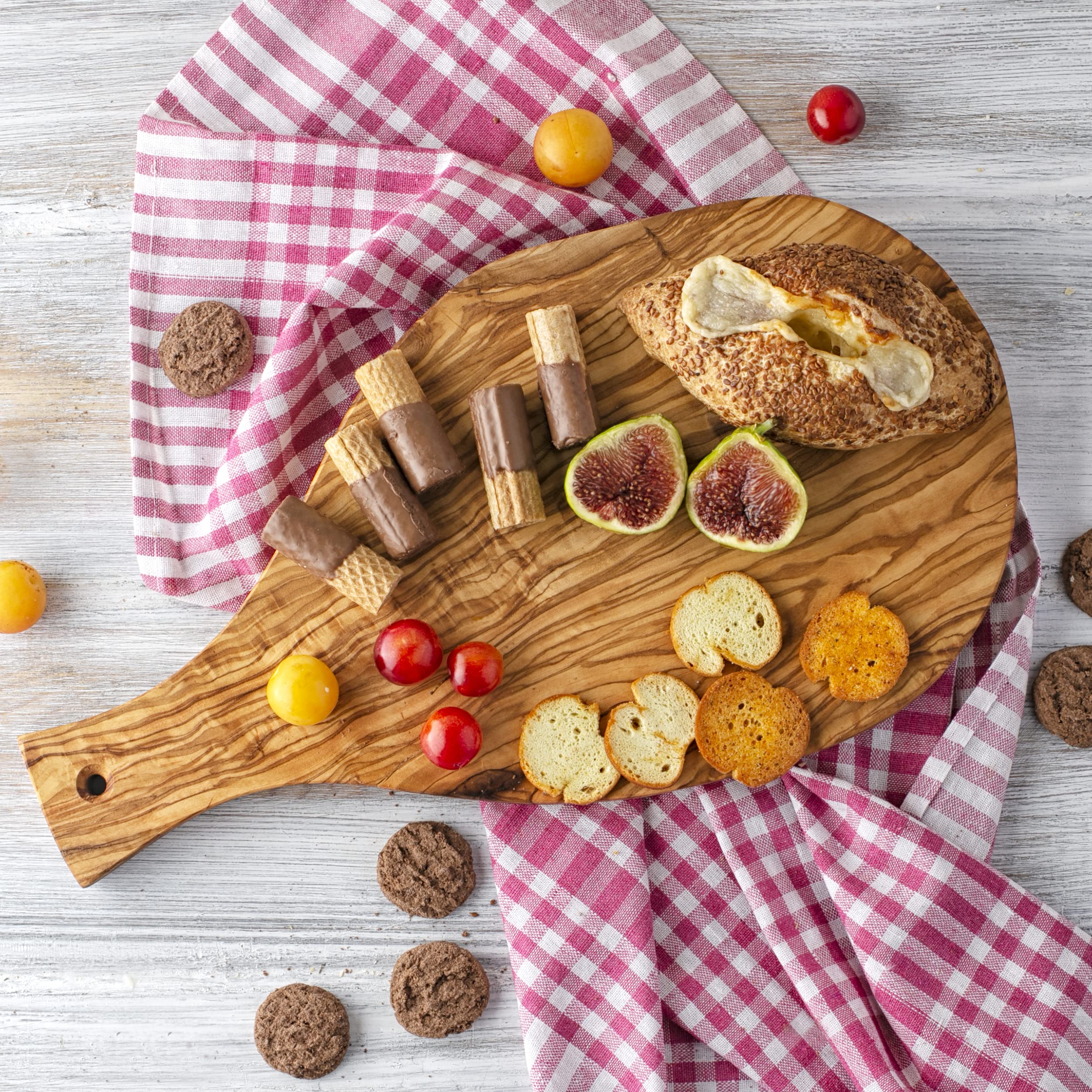 Forest Decor Olive Wood Serving Board, Wooden Cheese Board, Serving Board with Handle, Premium Hand Carved Kitchen Charcuterie Board for Meat, Bread, Vegetables, 15x7