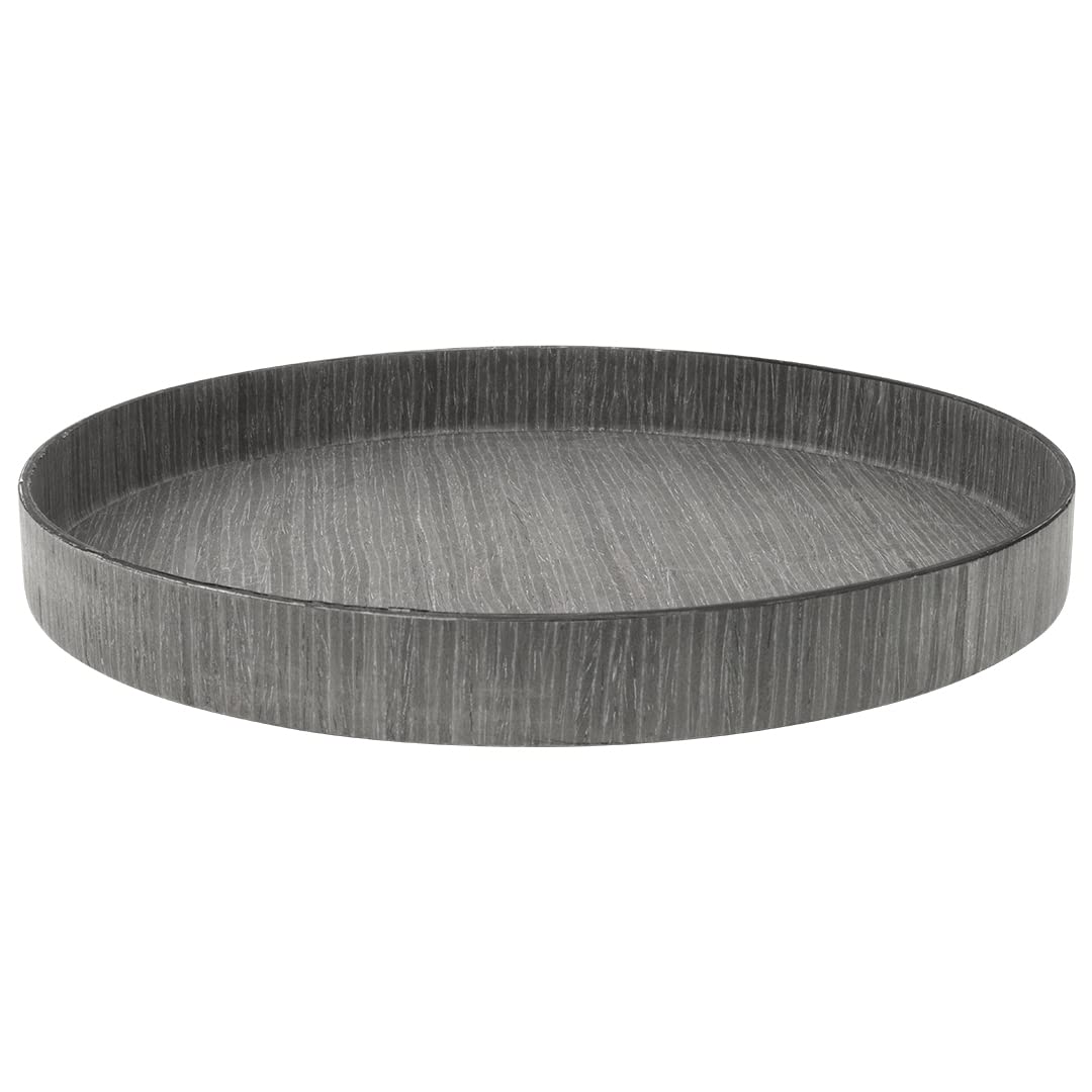 Koyal Wholesale Faux Wood Round Decorative Tray Rustic Wood Tray for Kitchen Counter, Driftwood Gray, 1-Pack