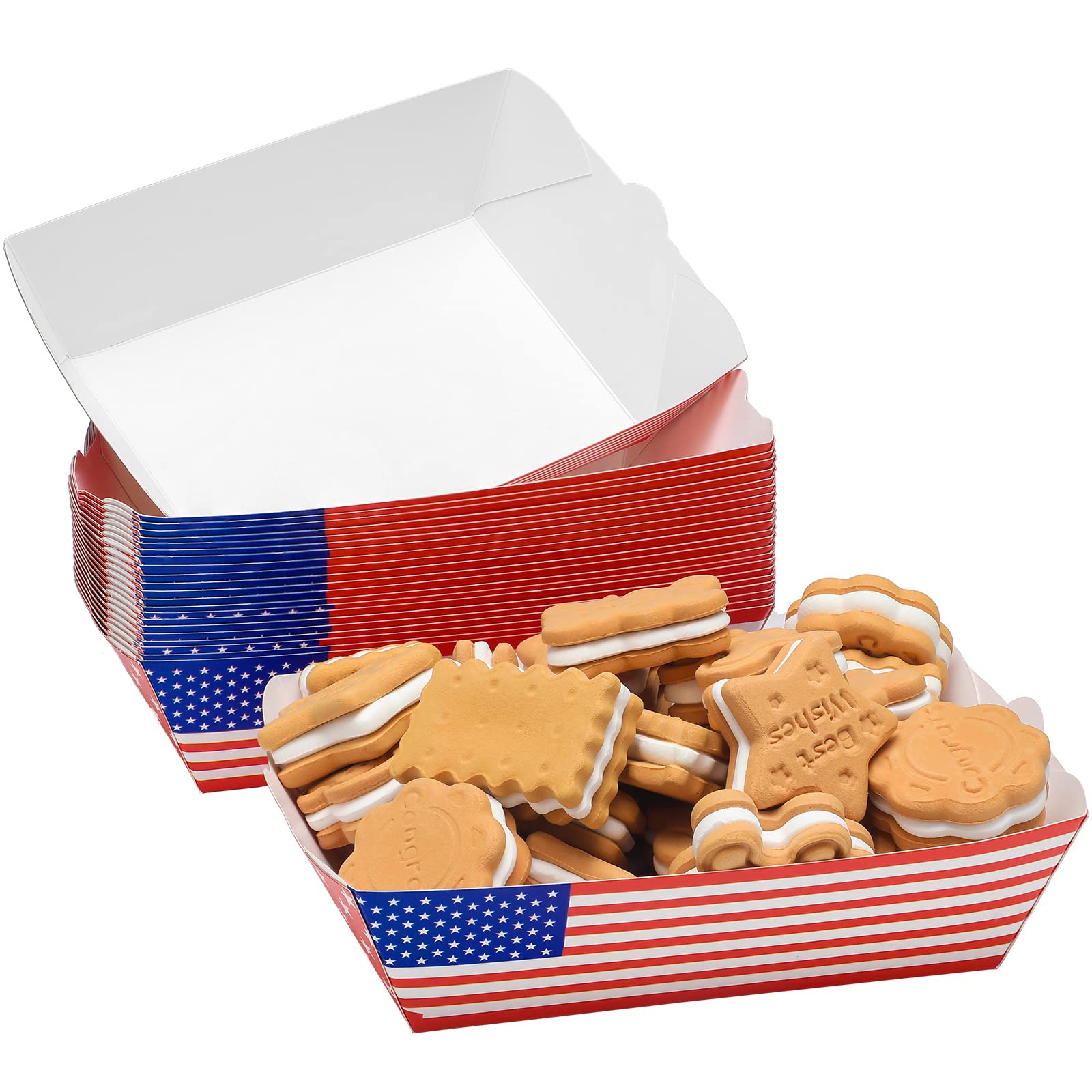 24 Pcs 4th of July Paper Food Tray American Flag Paper Food Tray Disposable Patriotic Party Decorations Red White and Blue Food Serving Trays Food Boat for Independence Day Memorial Party Supplies