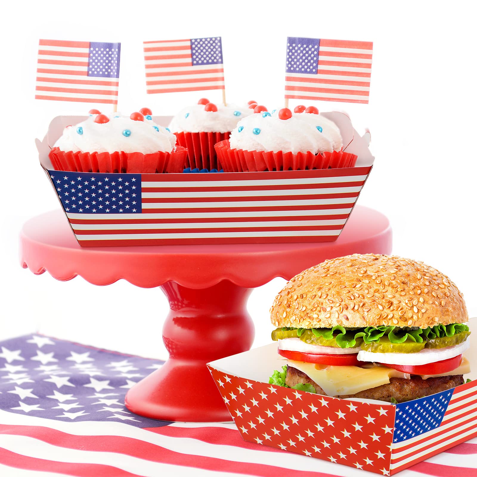 24 Pcs 4th of July Paper Food Tray American Flag Paper Food Tray Disposable Patriotic Party Decorations Red White and Blue Food Serving Trays Food Boat for Independence Day Memorial Party Supplies