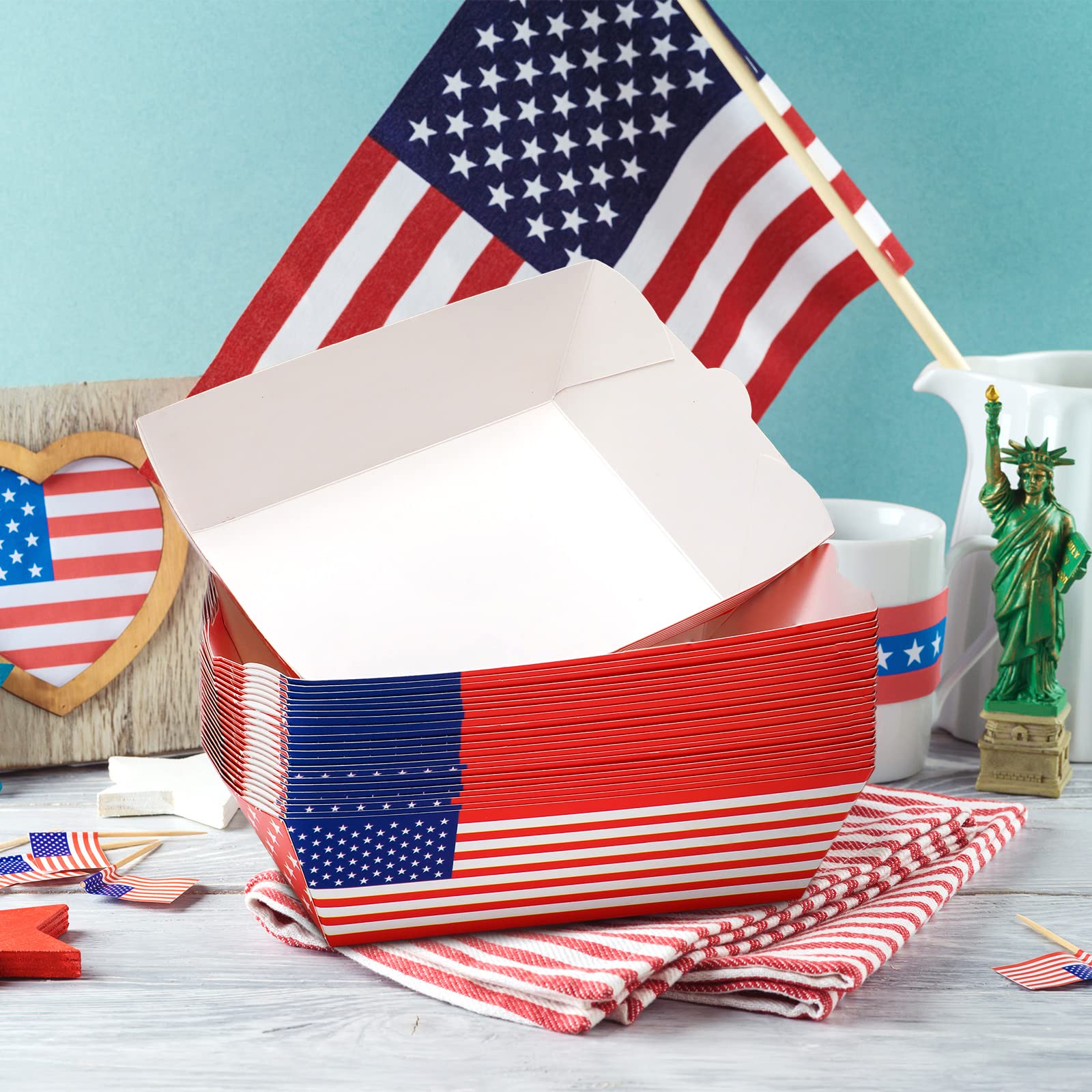 24 Pcs 4th of July Paper Food Tray American Flag Paper Food Tray Disposable Patriotic Party Decorations Red White and Blue Food Serving Trays Food Boat for Independence Day Memorial Party Supplies