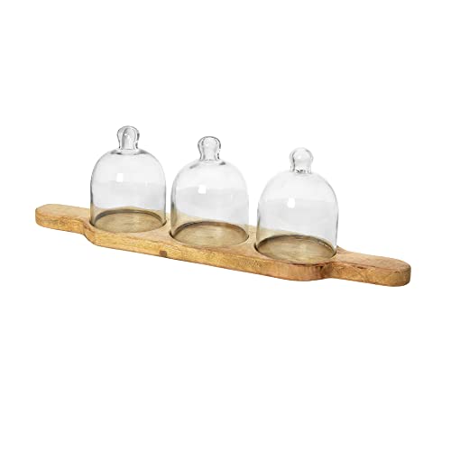 Creative Co-Op Mango Wood Serving Tray with 3 Glass Cloches and Handles, Set of 4 Serveware, 21"L x 5"W x 6"H, Natural