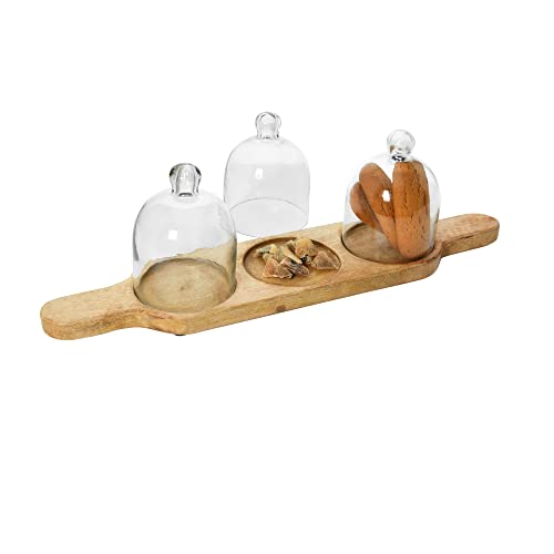 Creative Co-Op Mango Wood Serving Tray with 3 Glass Cloches and Handles, Set of 4 Serveware, 21"L x 5"W x 6"H, Natural