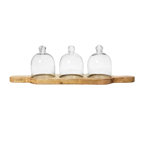 Creative Co-Op Mango Wood Serving Tray with 3 Glass Cloches and Handles, Set of 4 Serveware, 21"L x 5"W x 6"H, Natural