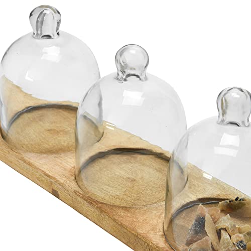 Creative Co-Op Mango Wood Serving Tray with 3 Glass Cloches and Handles, Set of 4 Serveware, 21"L x 5"W x 6"H, Natural