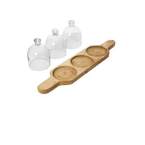 Creative Co-Op Mango Wood Serving Tray with 3 Glass Cloches and Handles, Set of 4 Serveware, 21"L x 5"W x 6"H, Natural