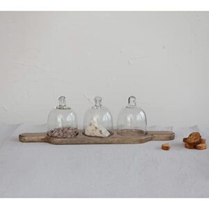 Creative Co-Op Mango Wood Serving Tray with 3 Glass Cloches and Handles, Set of 4 Serveware, 21"L x 5"W x 6"H, Natural