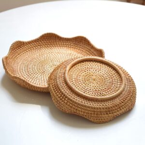 suiwoyou Hand-Woven Rattan Fruit Tray Storage Bread Basket Serving Tray Home Decoration Food Serving Platter 2 Pieces