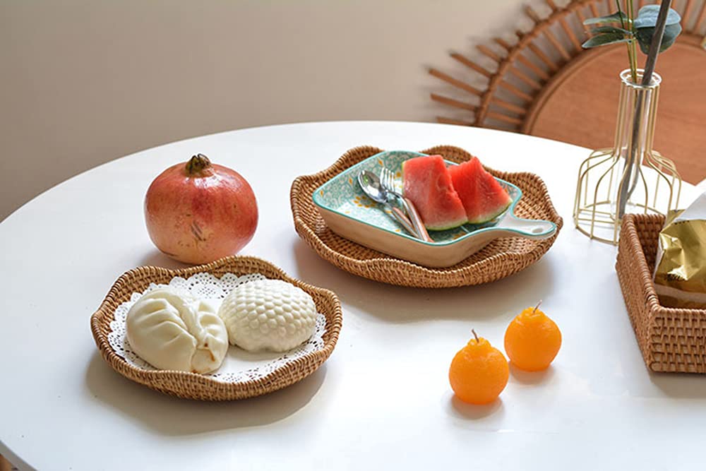 suiwoyou Hand-Woven Rattan Fruit Tray Storage Bread Basket Serving Tray Home Decoration Food Serving Platter 2 Pieces