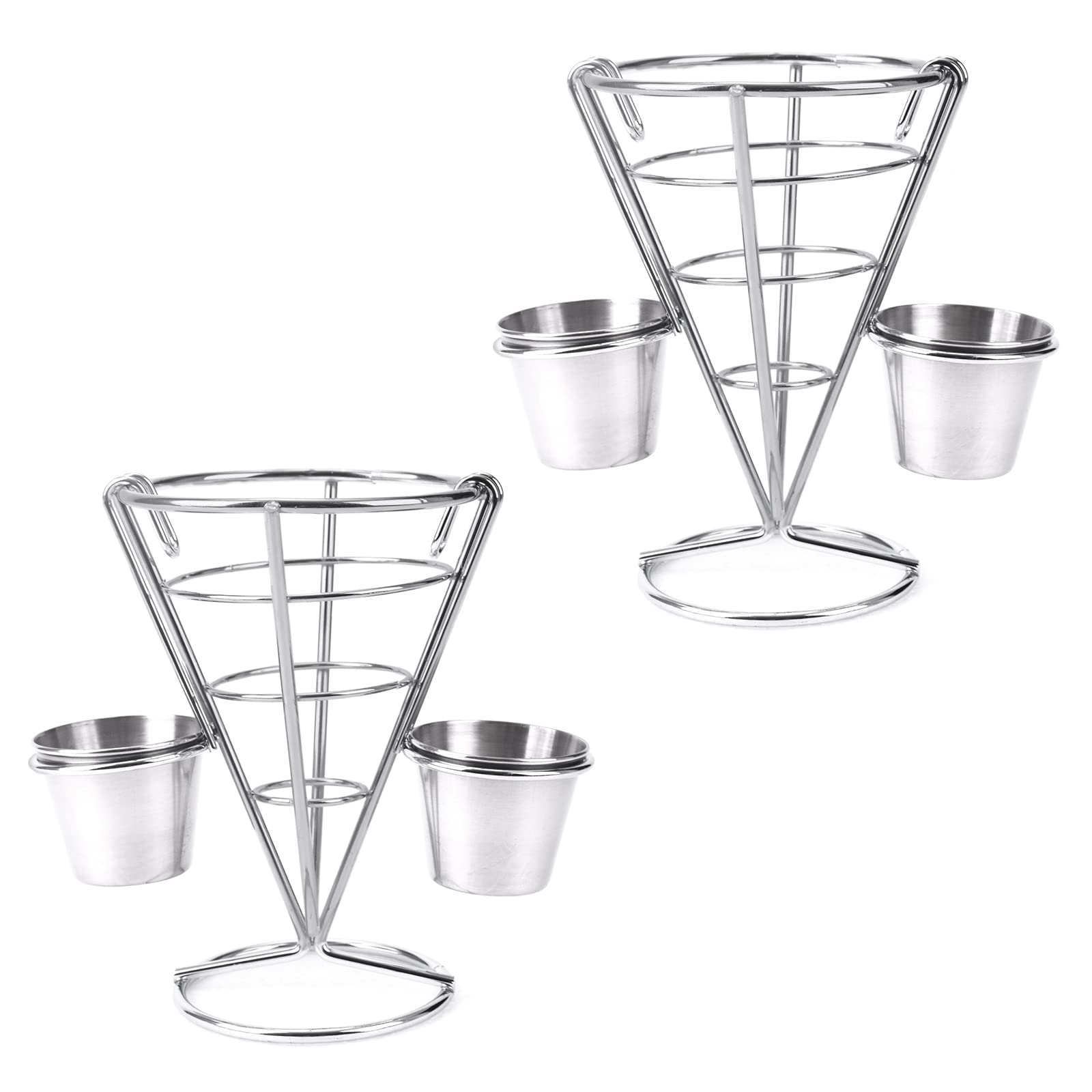 Eyourlife 2 Pieces French Fry Serving Stands with Double Sauce Holders, Stainless Steel Fry Cone Basket, Fish and Chips Holder, for Restaurant Cafe Table Food Serving