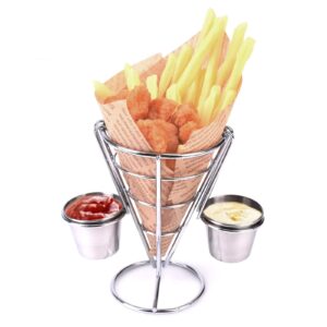 Eyourlife 2 Pieces French Fry Serving Stands with Double Sauce Holders, Stainless Steel Fry Cone Basket, Fish and Chips Holder, for Restaurant Cafe Table Food Serving